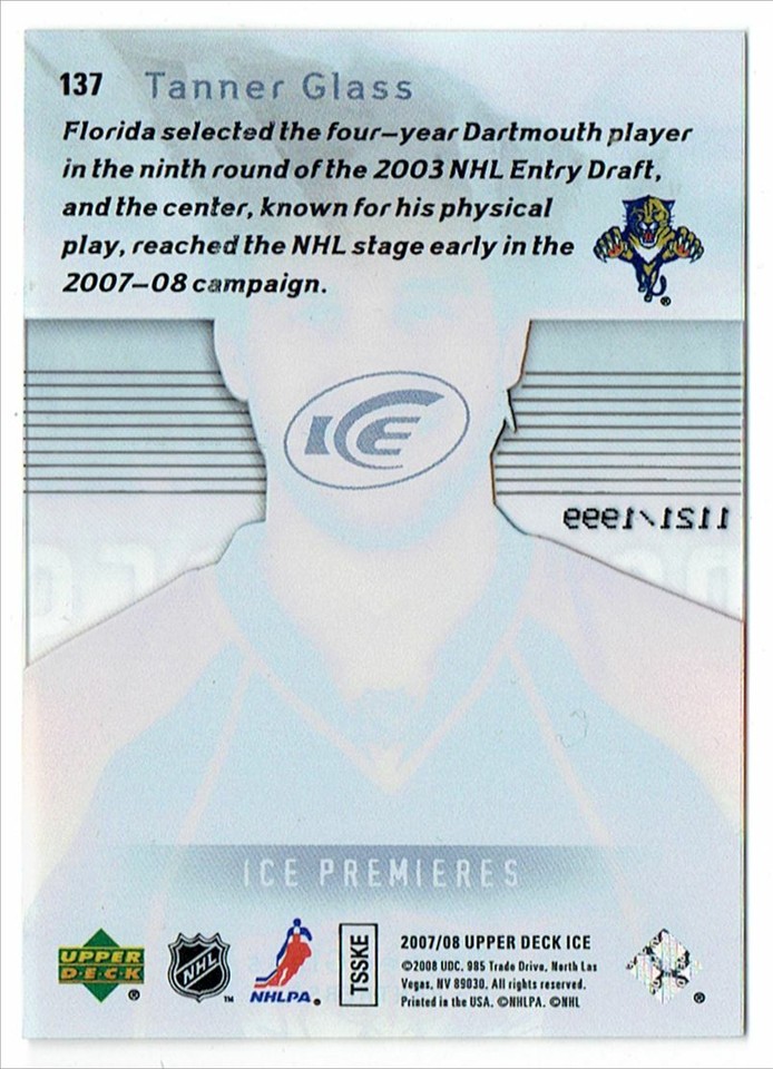 2007-08 UPPER DECK ICE TANNER GLASS ROOKIE 1121/1999 FLORIDA PANTHERS ...