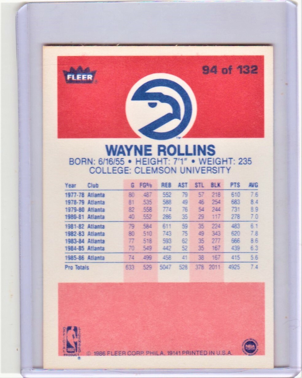 WAYNE TREE ROLLINS 1986 FLEER BASKETBALL CARD #94 ATLANTA HAWKS GREAT ...