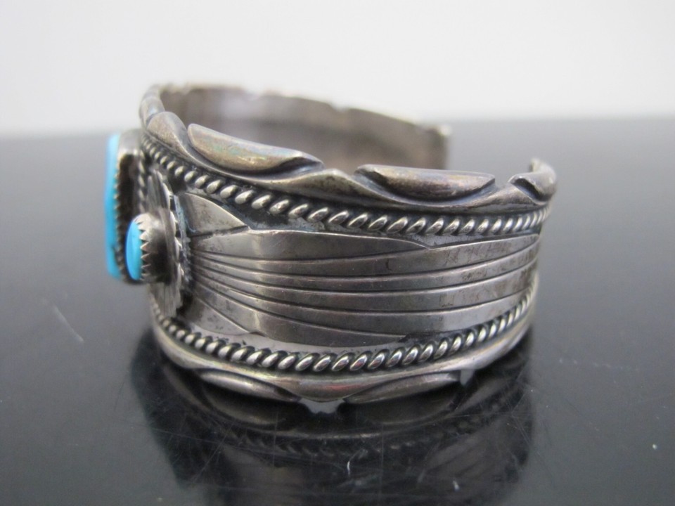 NAVAJO Native American Signed TURQUOISE Sterling Silver FLOWER Cuff ...