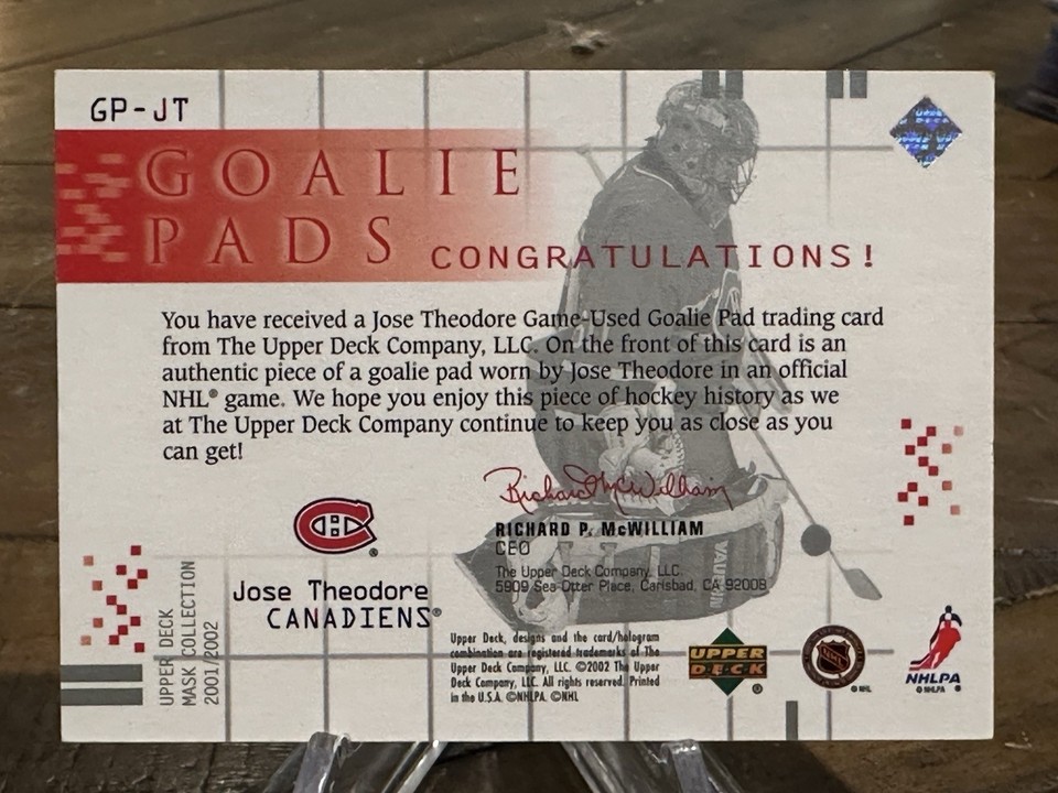 2001-02 Upper Deck Mask Collection Goalie Pads #GP-JT Jose Theodore | eBay