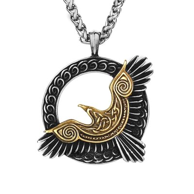 Nordic Men's Vintage Viking Odin Crow Stainless Steel Pendant Necklace ...