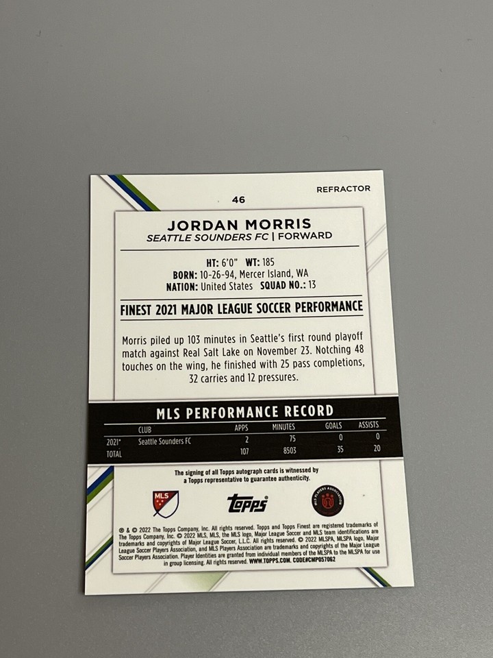 Jordan Morris 2022 Topps Finest MLS Refractor Auto Autograph #46 ...