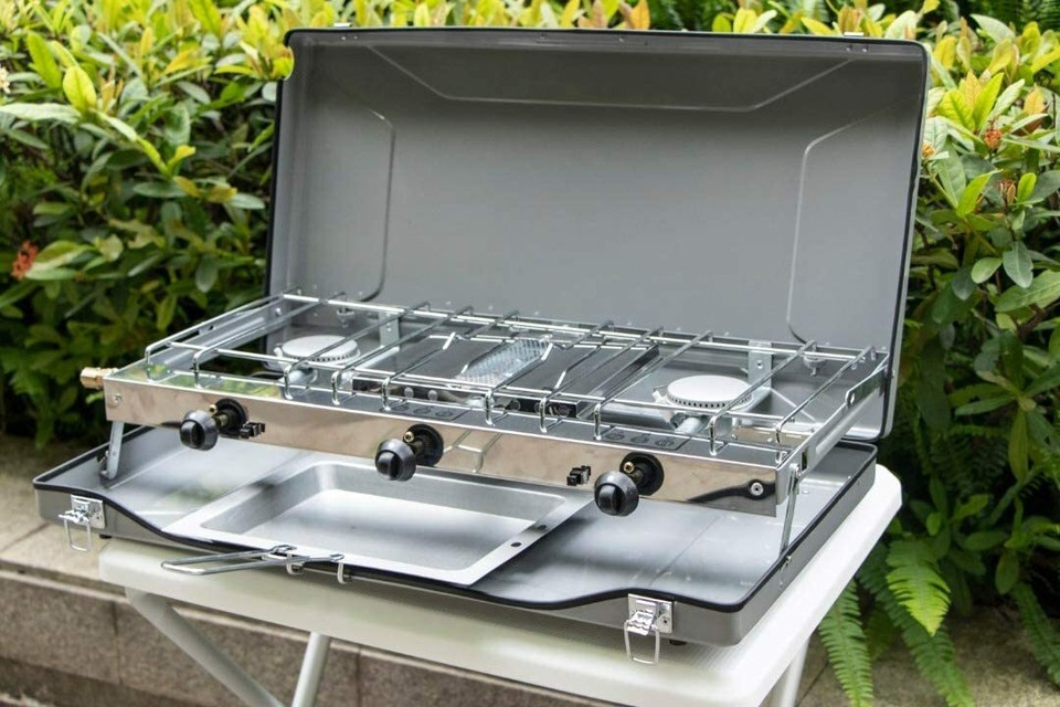 Folding Double Burner Stove And Grill Compact Gas Cooker For Camping Or ...