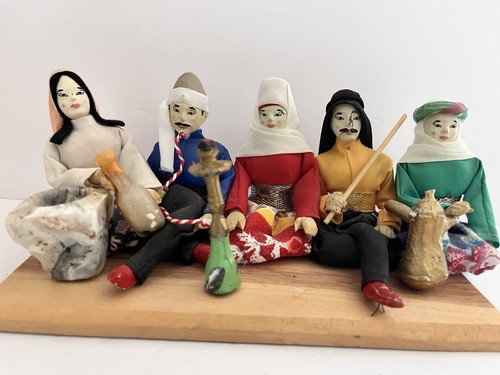 5 Lebanon Handmade Dolls Folk Art on Wooden Base Family Scene VINTAGE ...