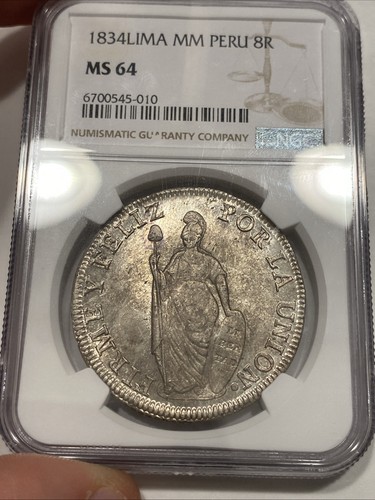 1834 Peru Lima Mint 8 Reales Standing Liberty NGC MS64~Small Chip On ...