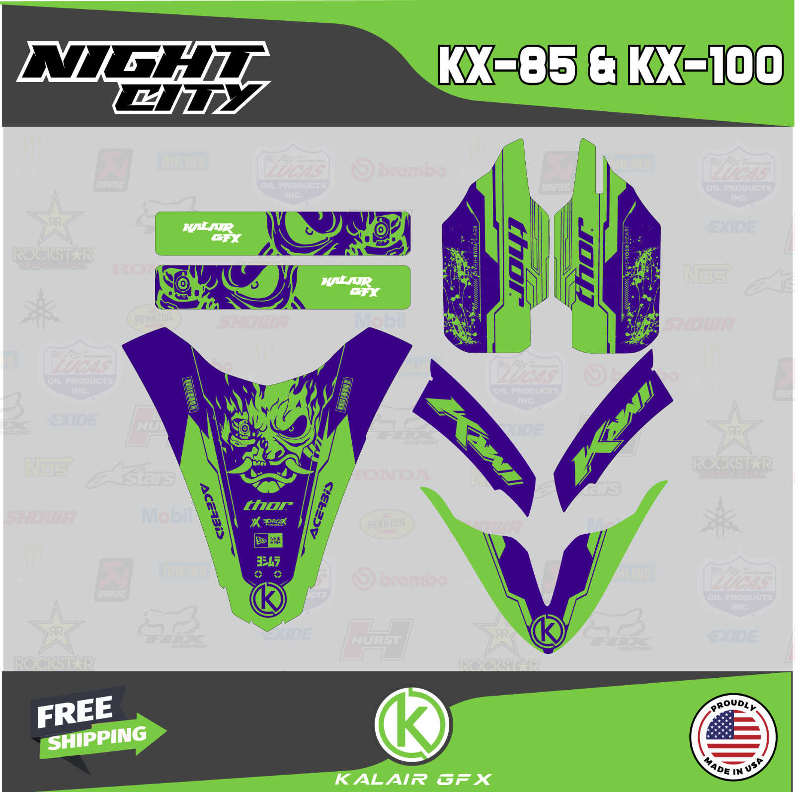 Graphics Kit for Kawasaki KX85 KX100 (2014-2021) NightCity - Purple | eBay