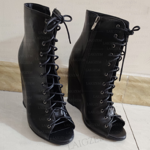 Ankle Booties Wedges Faux Leather Lace Up Side Zip Up Open Toe Boots ...