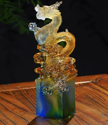 Office Decor Liu Li Crystal Chinese Dragon Stamp Statue | eBay