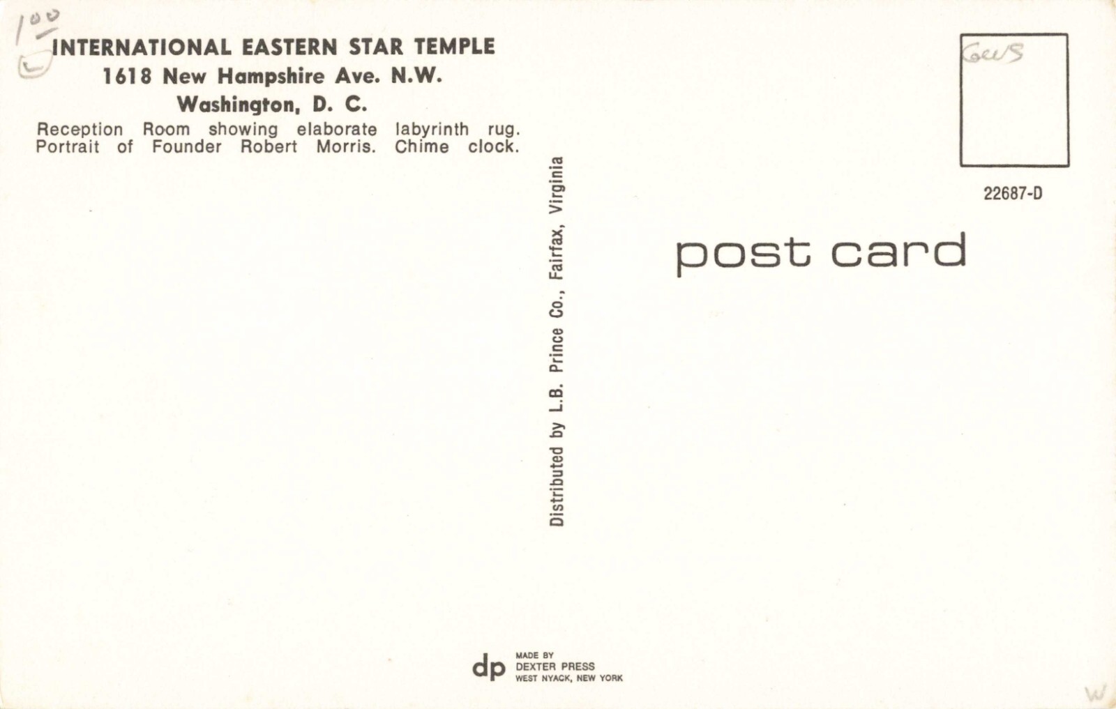 Postcard Reception Room International Eastern Star Temple Washington DC ...