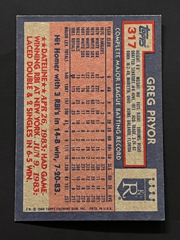 Greg Pryor Signed Autograph 1984 Topps Baseball #317 Royals | eBay