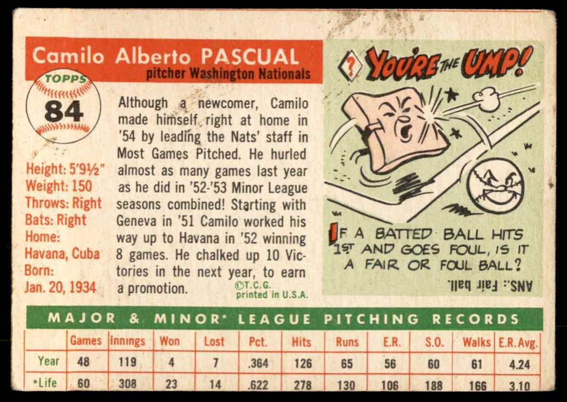 1955 Topps Camilo Pascual Rookie Washington Senators #84 | eBay