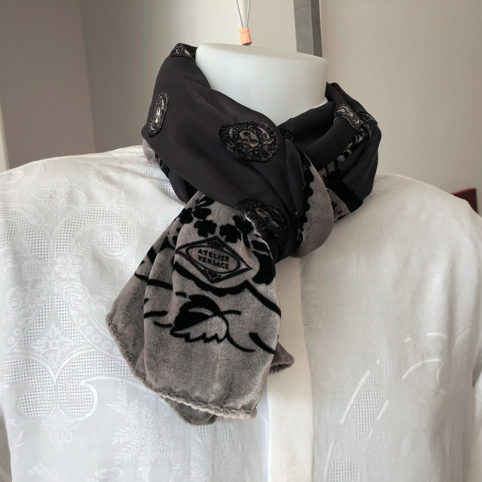 GIANNI VERSACE gray & black velvet long scarf Barocco… - Gem