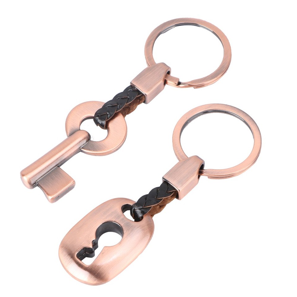 2 Pcs Couple Key Chain Lock Bronze Keychain Matching Keyring Keyrings ...