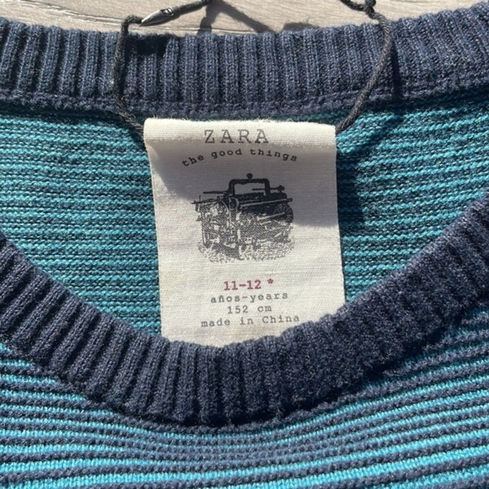Zara girls textured knit sweater M initial dark green & navy size 11-12 ...