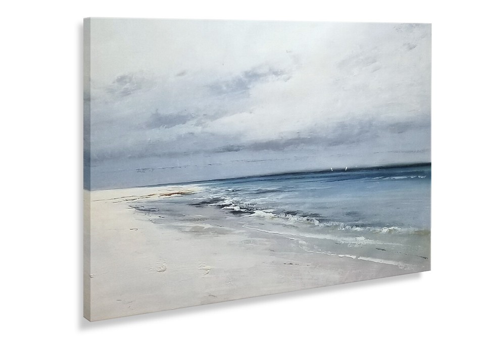 Large Beautiful art of blue gray seascape ocean white sand beach ...