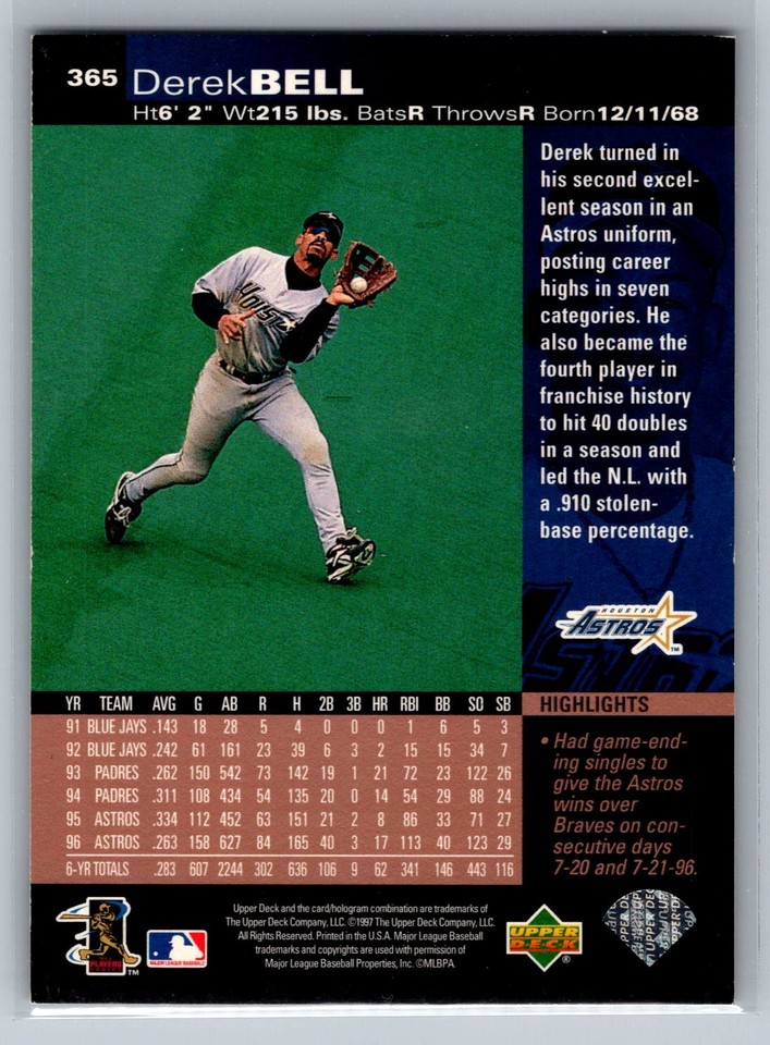 Derek Bell 1997 Upper Deck BASEBALL #365 Houston Astros | eBay