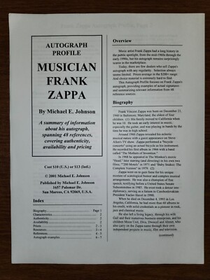 Autograph Profile Musician Frank Zappa unpublished report 2001 Michael ...