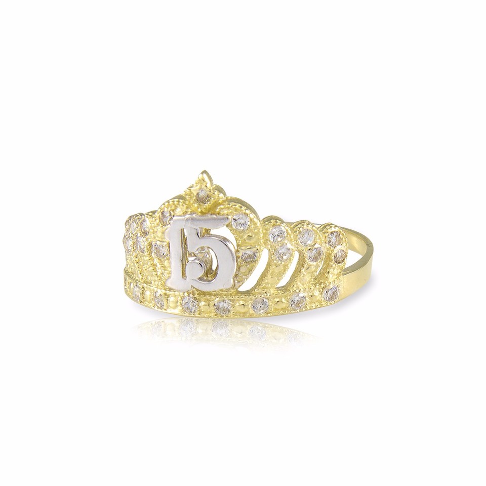10K Solid Yellow Gold CZ Crown Sweet 15 Ring Quinceanera Anos Birthday ...