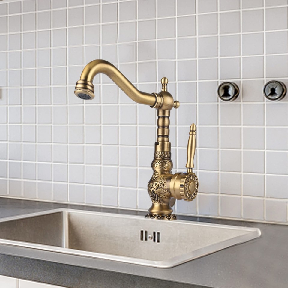 Antique Brass Kitchen Faucet Single Handle 360° Swivel Bathroom Sink ...
