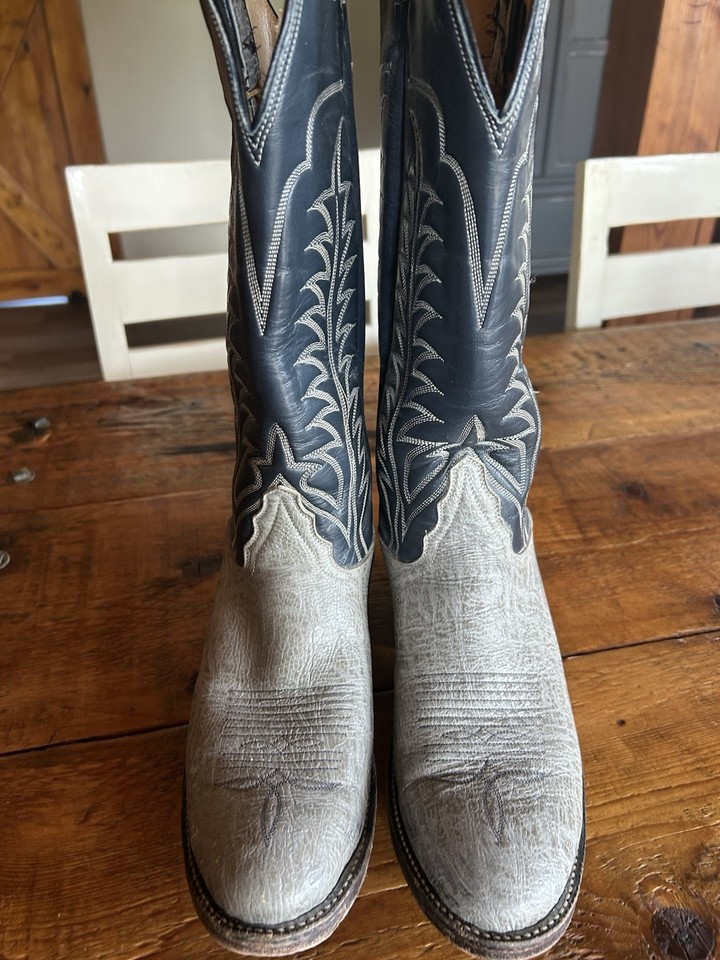 TONY LAMA Boot Black label USA navy gray Leather Cowboy Boots 7.5 B Men ...