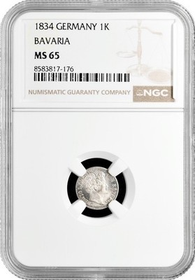 Bavaria 1 kreuzer 1834, NGC MS65, "King Ludwig I (1825 - 1848)" silver ...