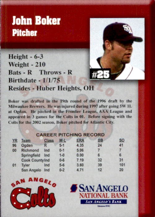 2002 San Angelo Colts Team Issue #3 John Boker Huber Heights Ohio ...