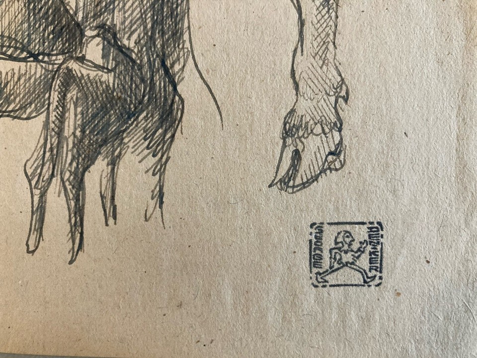 Beautiful Drawing 1940 Georges Deniker Ink Cow Calf Animal Paw Animals ...