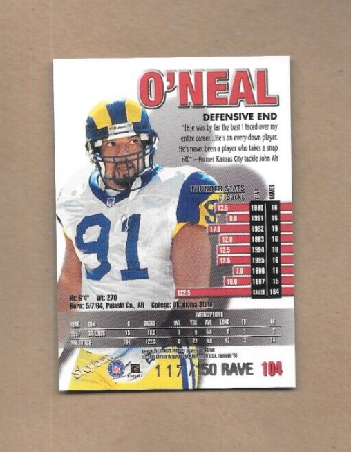 1998 SkyBox Thunder Leslie O'Neal Rave Card #104 SN#117/150 Rams RARE ...