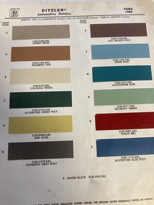 1958 FORD AUTOMOTIVE P.P.G., DITZLER Exterior Paint Color Chip ORIGINAL ...