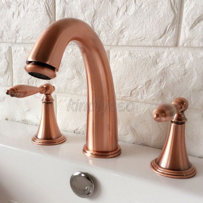 Antique Red Copper Widespread 3 Hole Bathroom Basin Faucet Mixer Tap ...