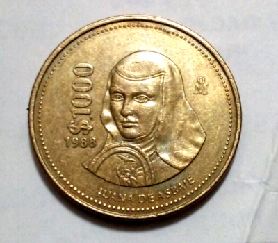 MEXICO $1000 Peso coin, vintage Mexican Peso Juana De Asbaje (1988-1992 ...
