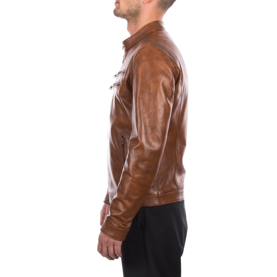 Italian handmade men genuine leather slim fit jacket brown distressed ...