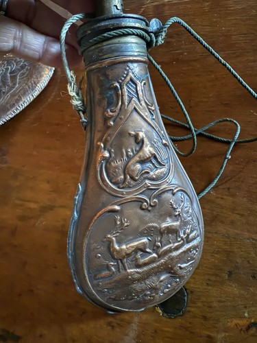 Set Of 2 Vntg Gun Powder Pouches Flasks Copper Stag Rabbit | eBay