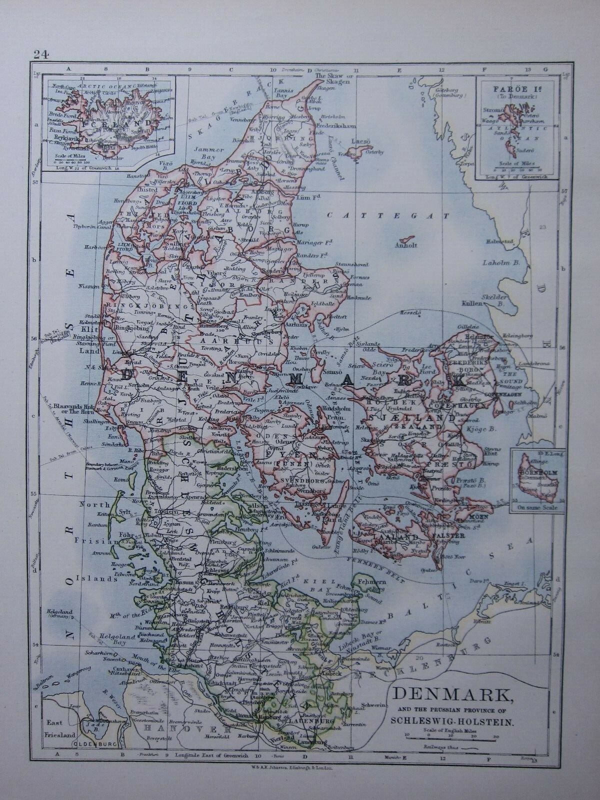 1895 VICTORIAN MAP DENMARK FYEN FUNEN AARHUUS LAALAND ZEALAND ...