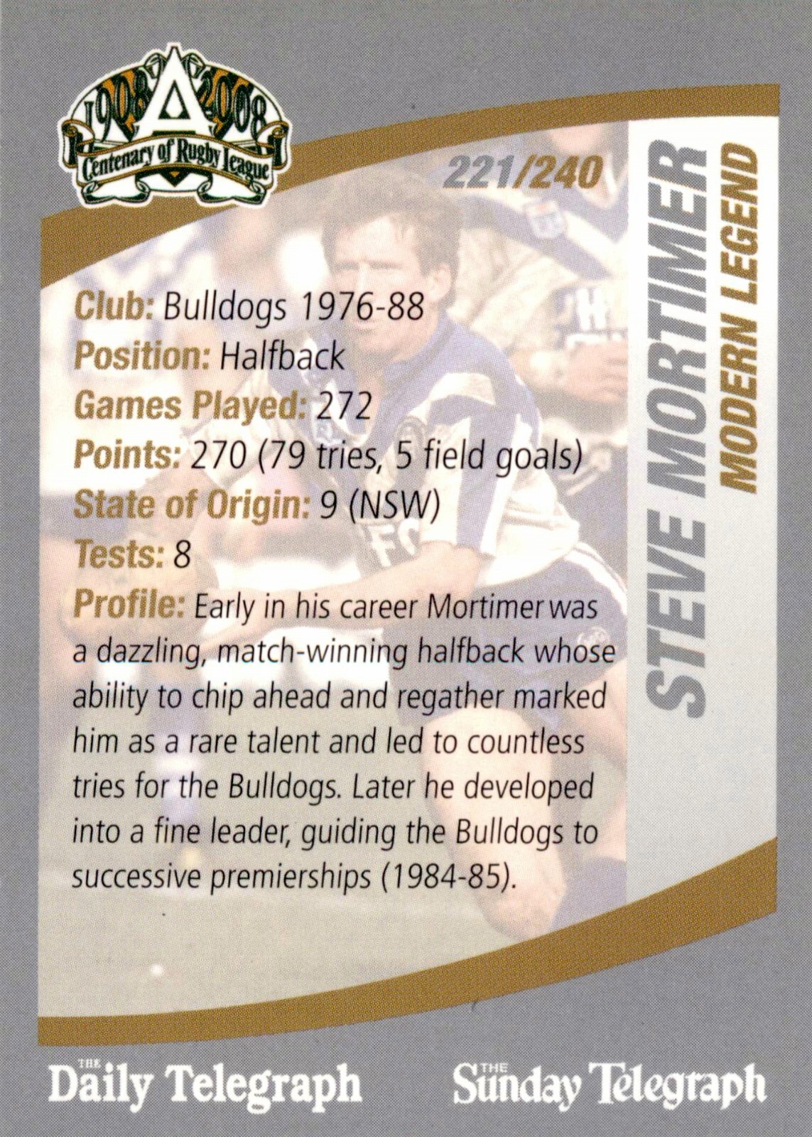 2008 Canterbury Bulldogs NRL Daily Telegraph Modern Legend Card - Steve ...
