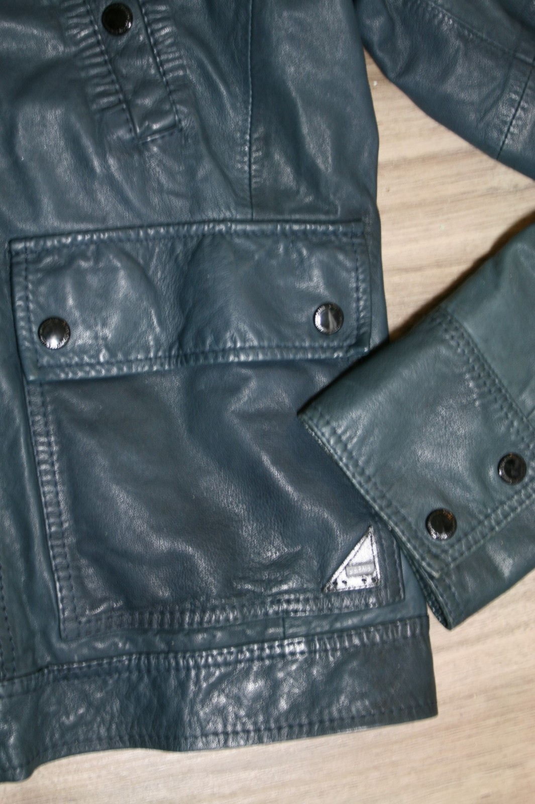 J.C. RAGS GENUINE BLUE Leather BIKER STYLE Jacket L FRONT ZIP PATCH ...