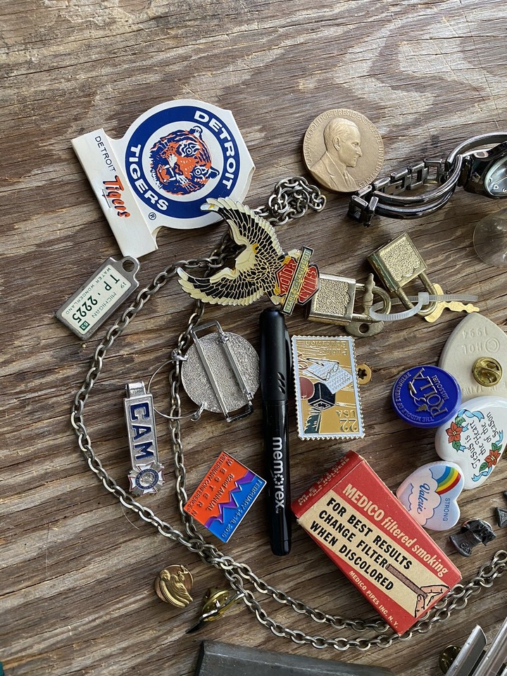 Vintage JUNK DRAWER Lot Pins Military Watch Buttons Matches Harley ...