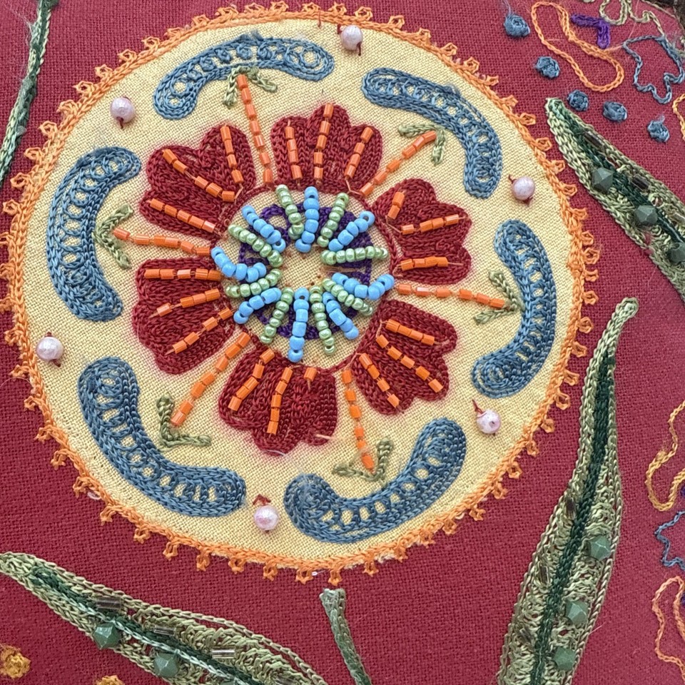 Pier 1 Pillow Beaded Embroidery Red Yellow Green Few Beads Missing | eBay