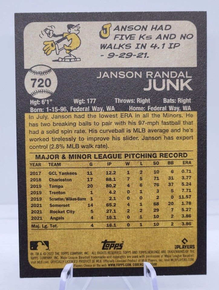 2022 Topps Heritage JANSON JUNK #720 Short Print! Rookie!! MINT! | eBay