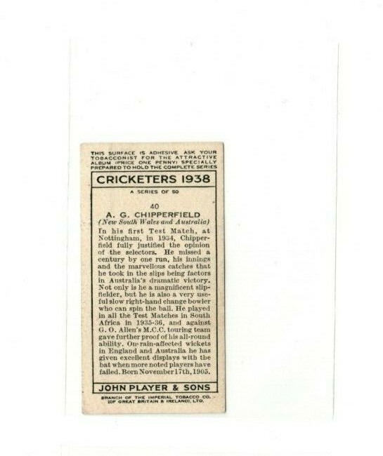 1938 Player's Cigarettes Cricketers 1938 ARTHUR CHIPPERFIELD #40 [NrMt ...