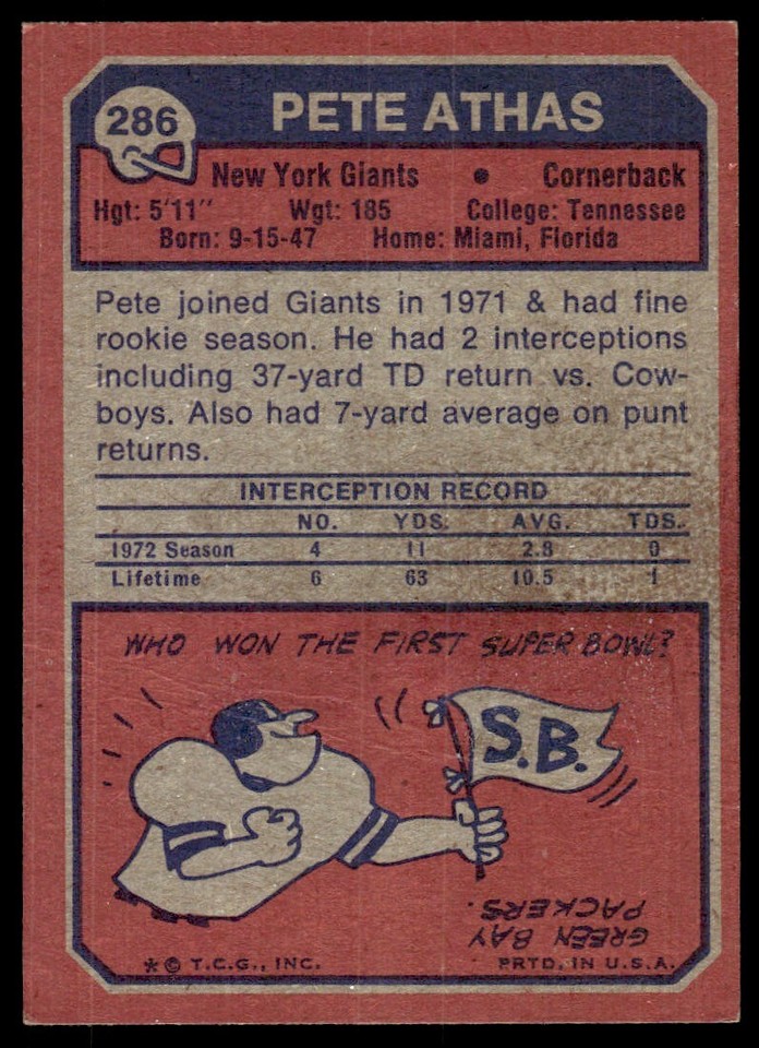 1973 TOPPS PETE ATHAS 2 NEW YORK GIANTS #286 | eBay