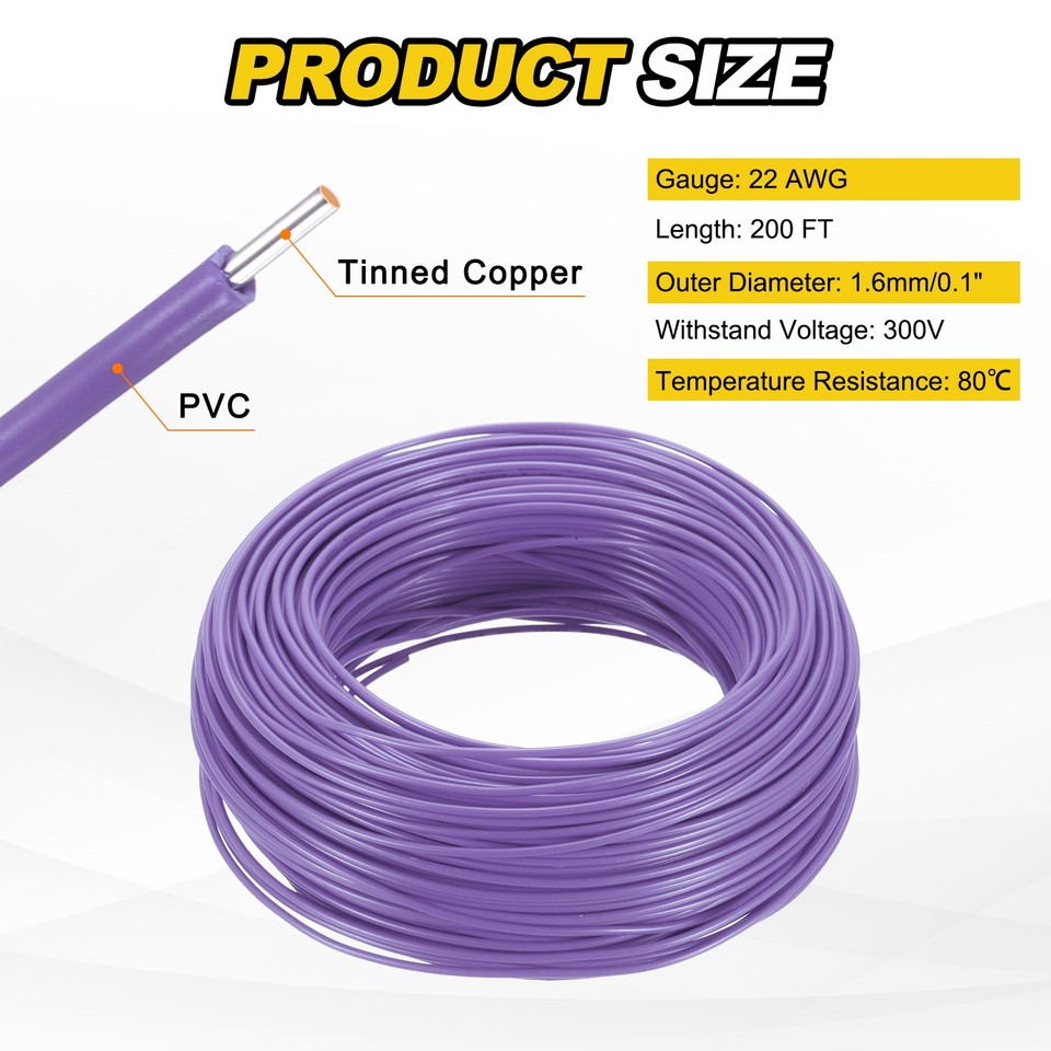 22 Gauge Hook Up Wire 200FT 300V Tinned Copper Electrical Wire, Purple ...