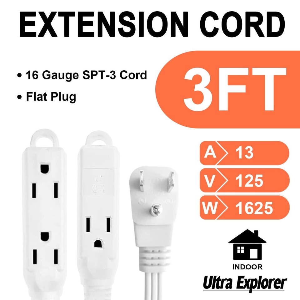 3 Ft Flat Extension Cord with Multiple Outlets 16 AWG White Extension ...