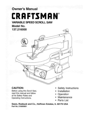Craftsman 137.216000 Scroll Saw Owners Instruction Manual | eBay