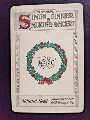 Menu & Programme: Simon Dinner & Smoking Concert, Midland Hotel, 6th ...