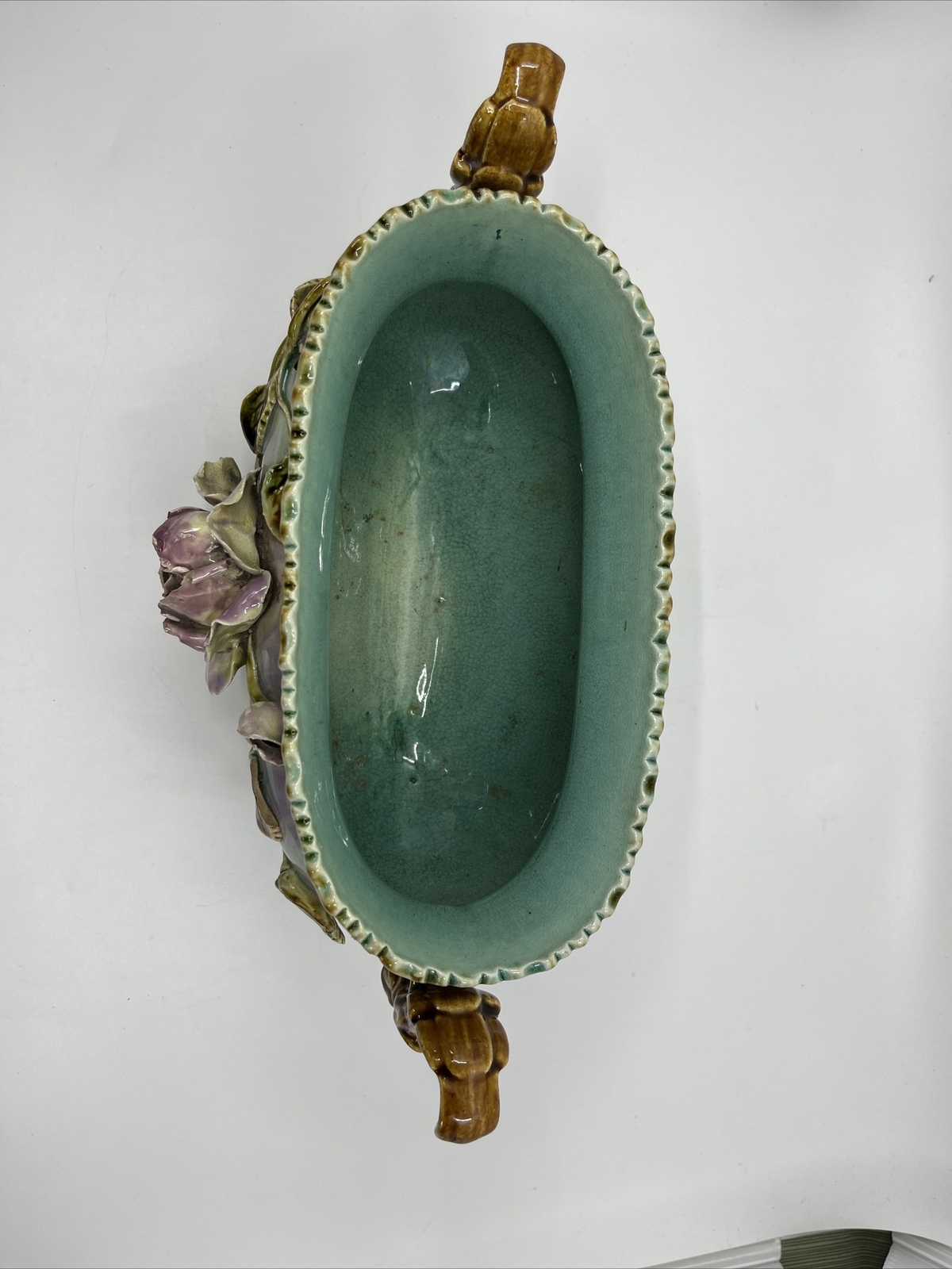 Antique French Majolica Barbotine 12” Jardiniere Planter Roses Leaves ...