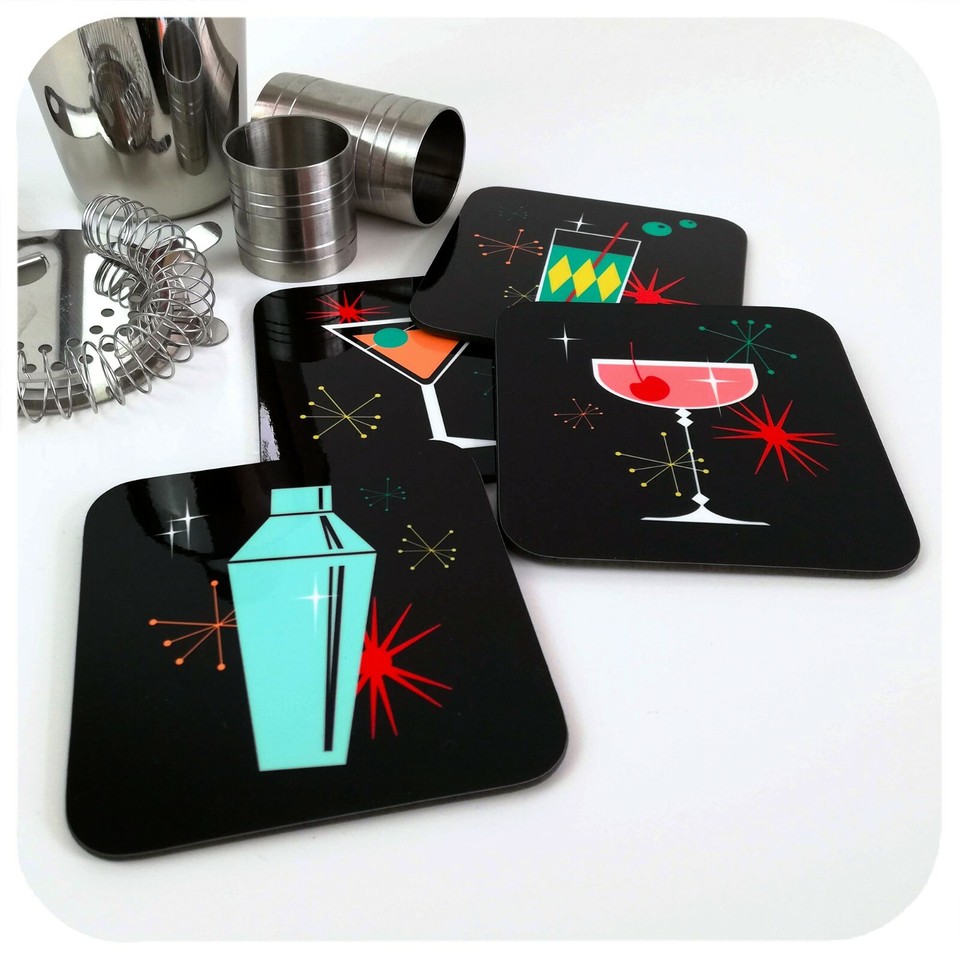 Retro Cocktails Coasters, Set of 4 Party Coasters, 50's Atomic style ...