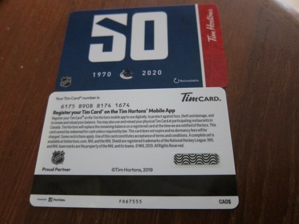 Tim Horton's Tim Gift Card Vancouver Canucks, NHL, No Value, 2019, New ...