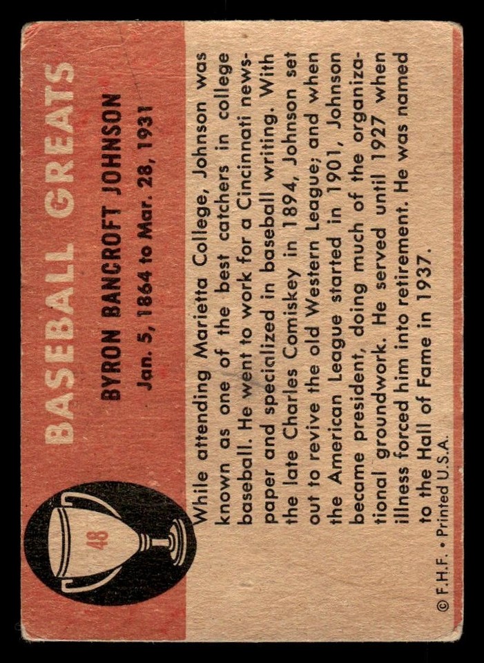 1961 FLEER BASEBALL GREATS BAN JOHNSON 48 POOR BASEBALL | eBay