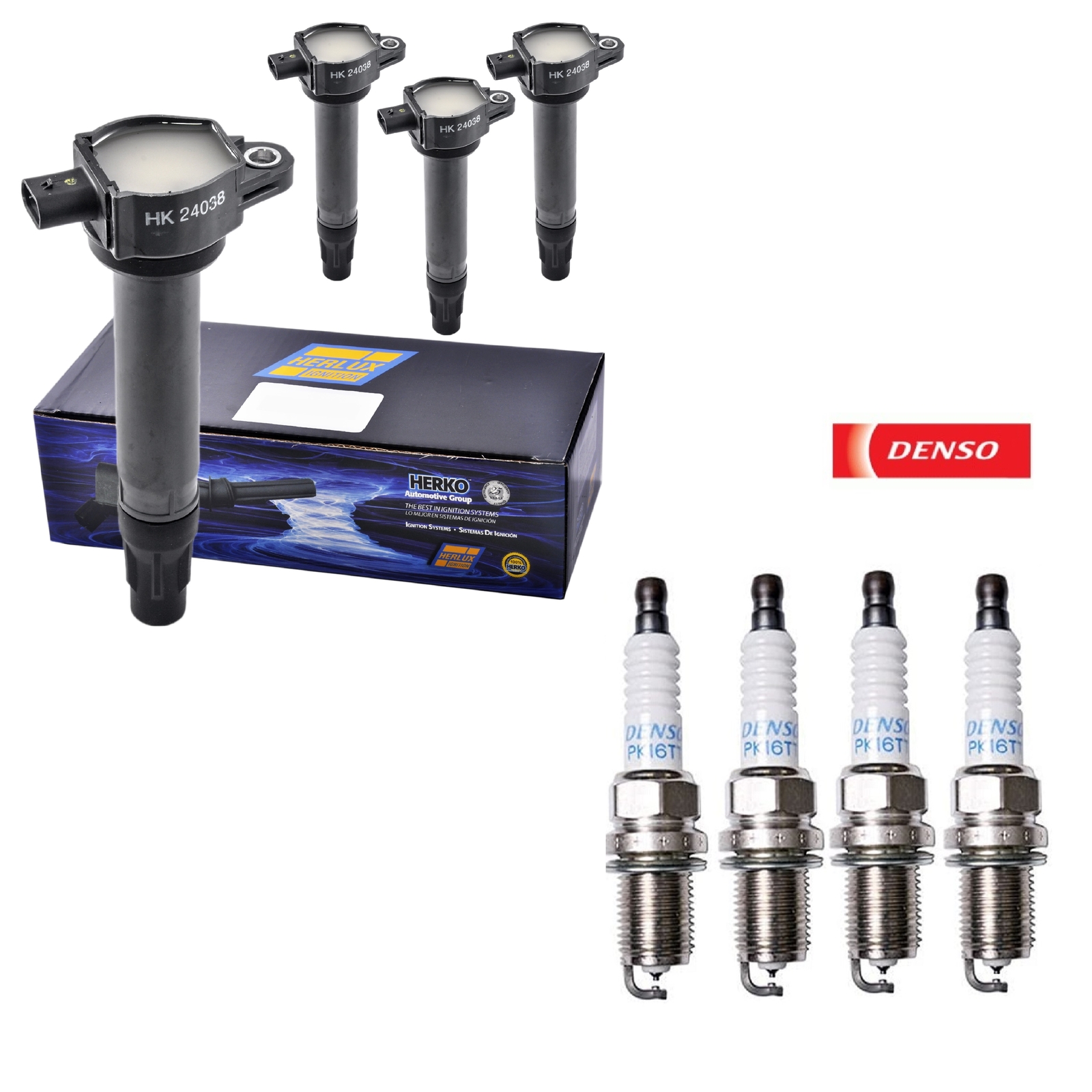 Set of 4 x Spark plug Denso PK16TT & 4 x Herko Ignition coil B138 Dodge ...